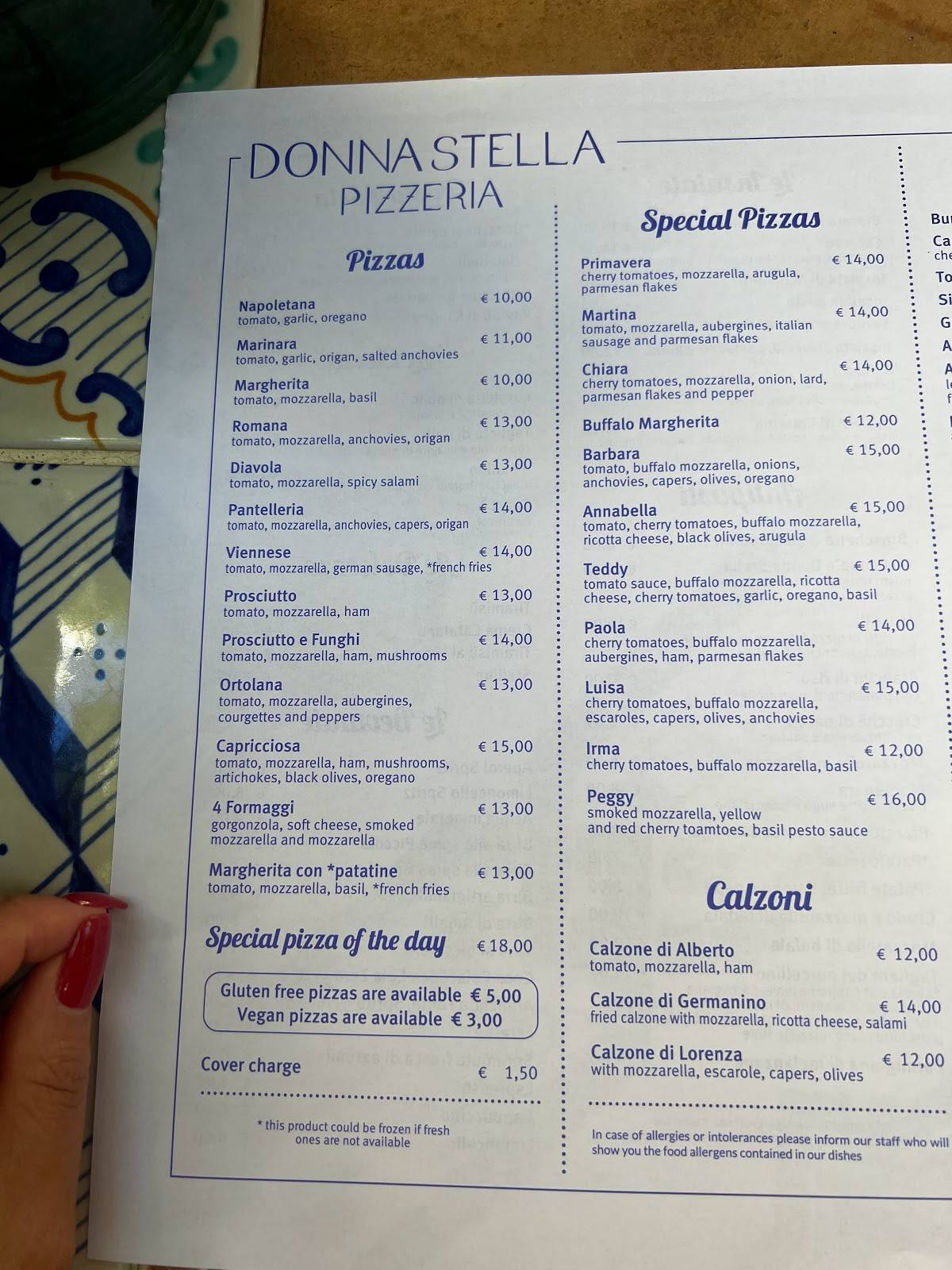 Menu at Pizzeria Donna Stella, Amalfi