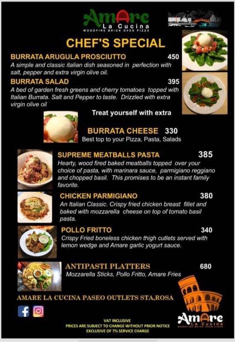 Menu at Amare La Cucina Nuvali restaurant, Santa Rosa, Ground floor bldg. C
