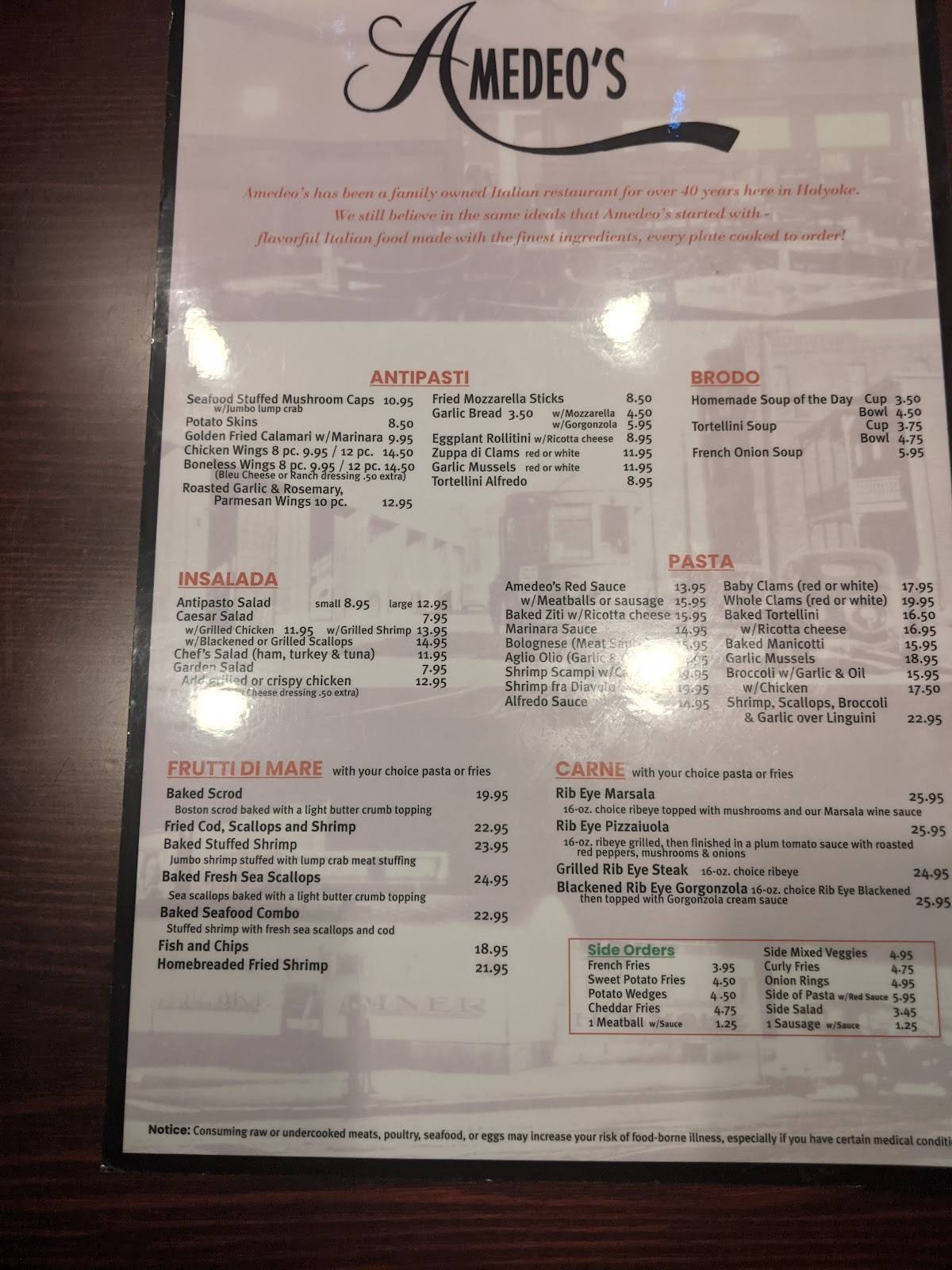 Menu at Amedeo's Restaurant & Pizzeria, Holyoke