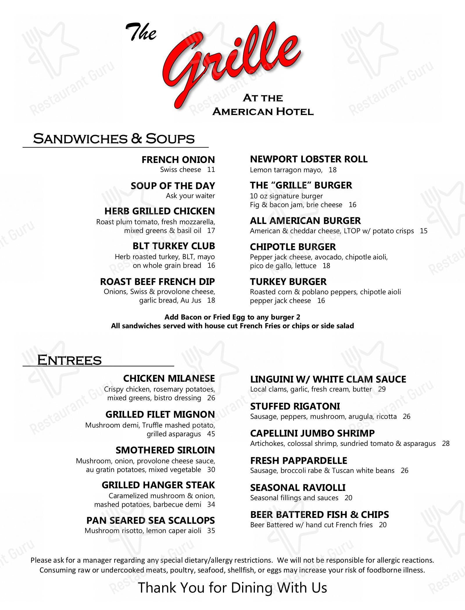 Menu at American Hotel pub & bar, Freehold
