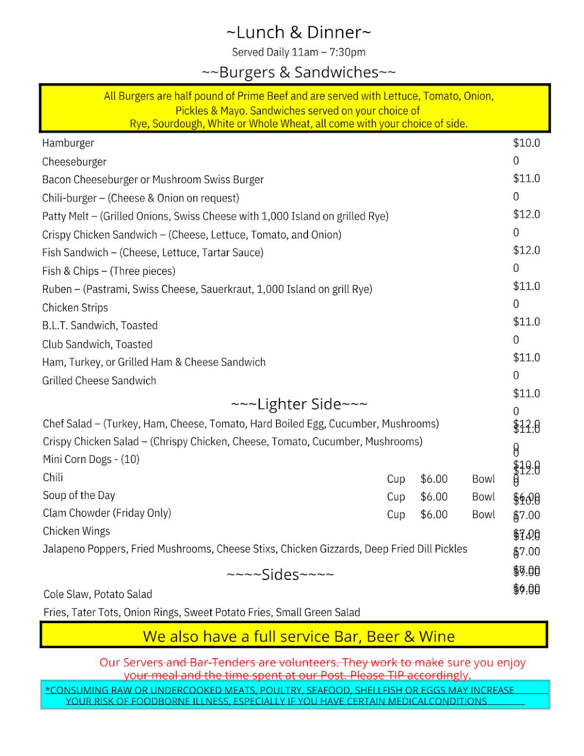 Menu at American Legion Post 21 restaurant, McMinnville