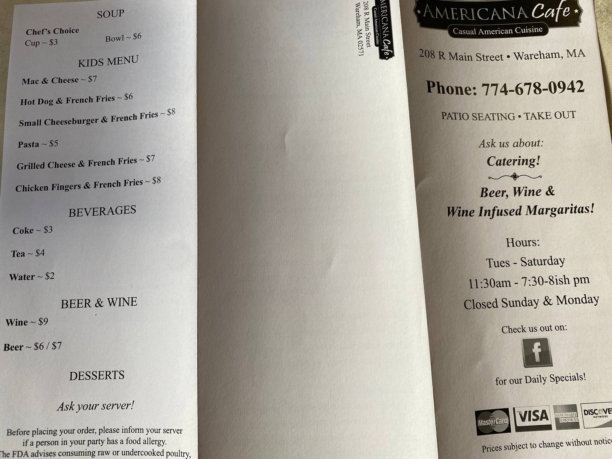Menu at Americana Cafe, Wareham
