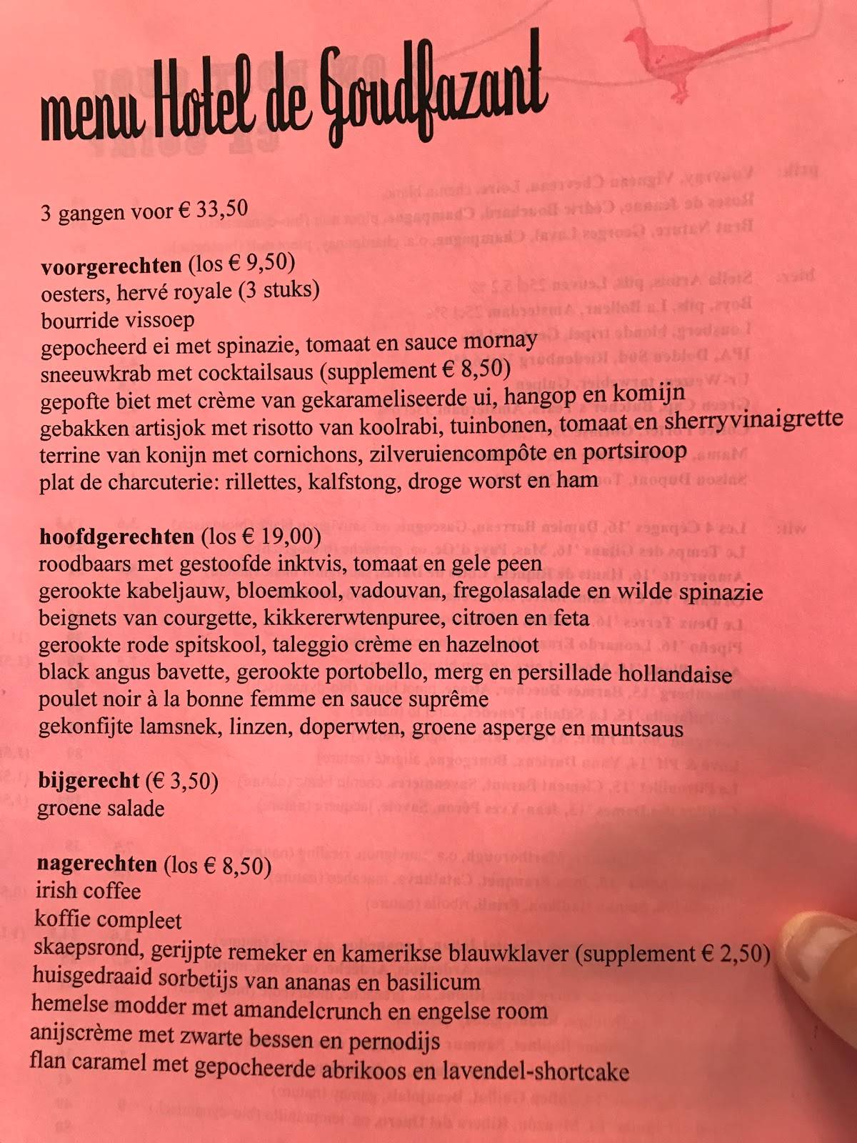 Menu at Hotel De Goudfazant, Amsterdam