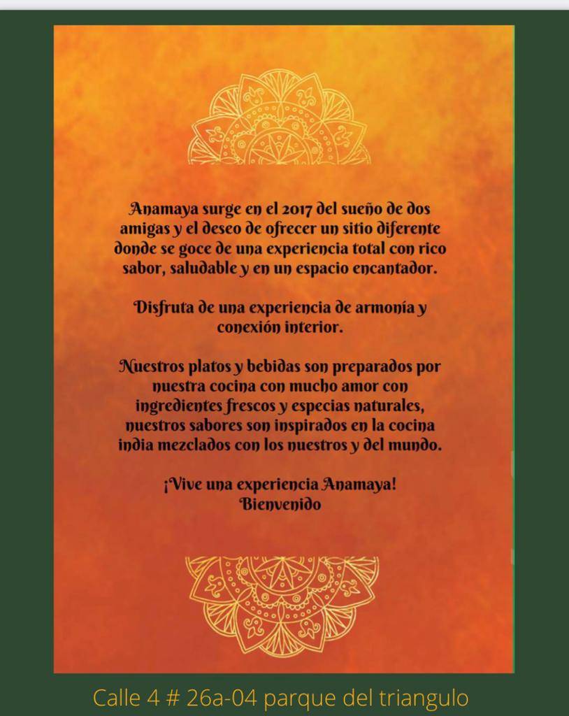 Menu at Anamaya Indian restaurant, Cali