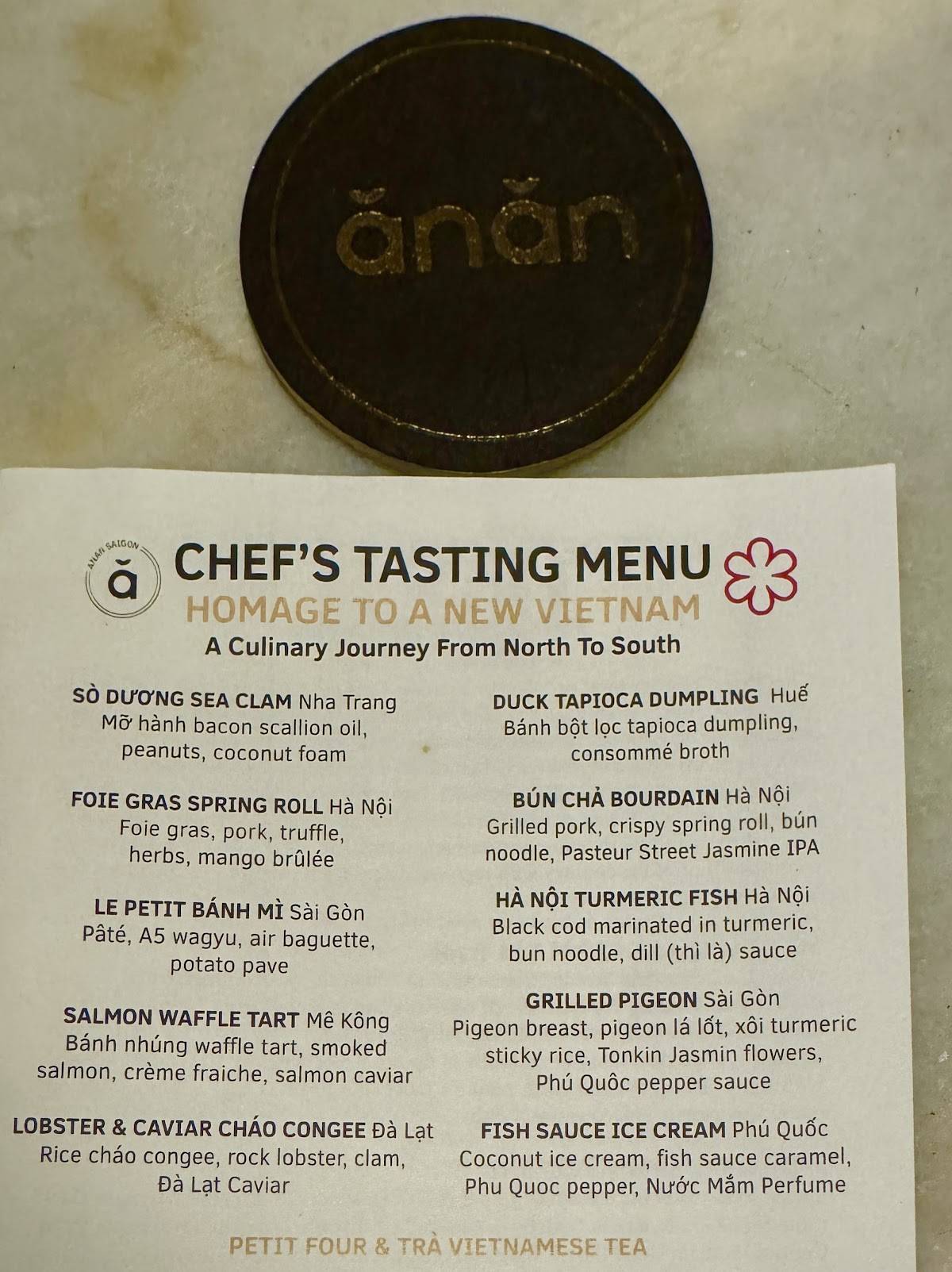 Menu at Anan Saigon restaurant, Ho Chi Minh City
