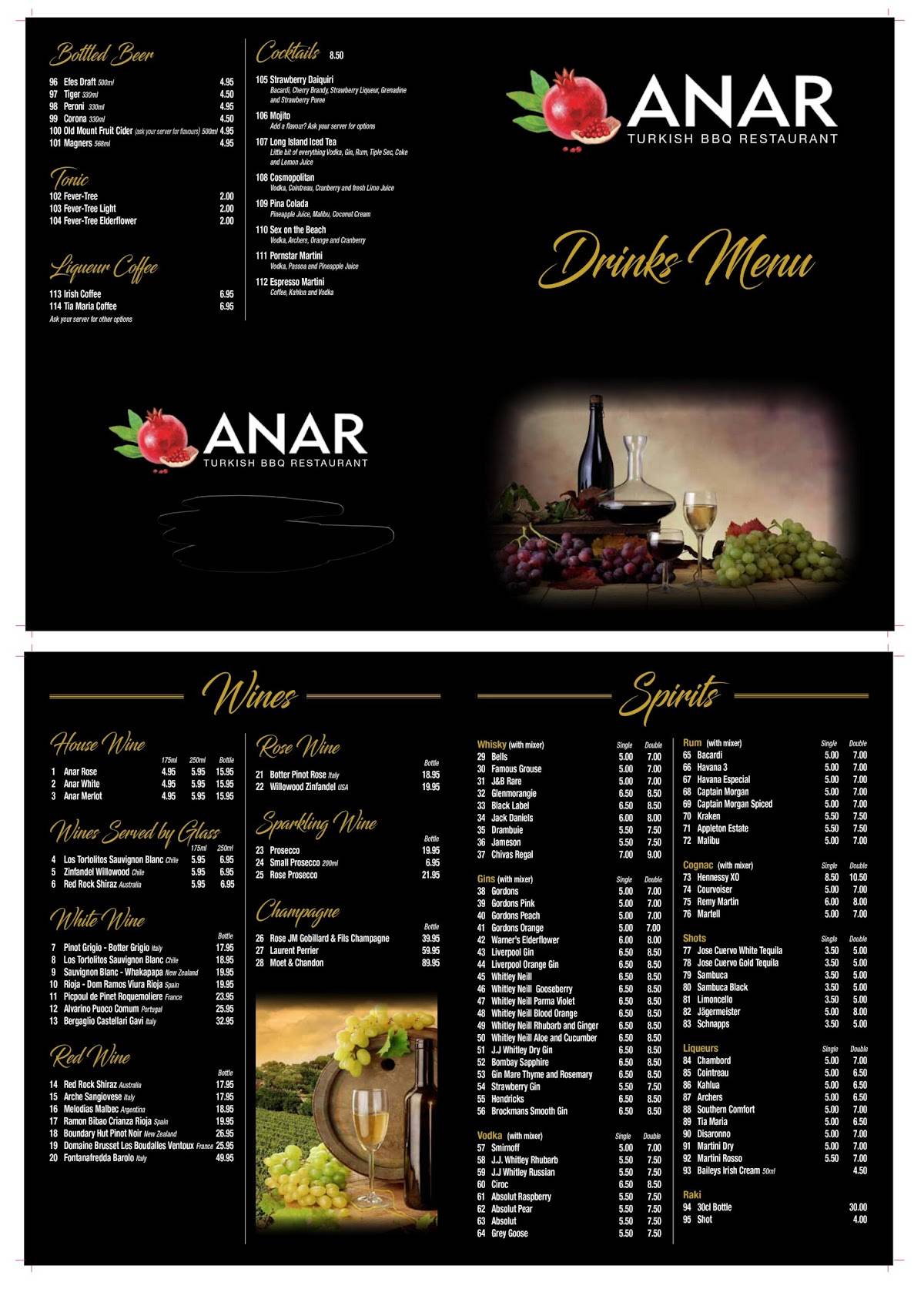 Menu at Anar Turkish BBQ Restaurant, Liverpool