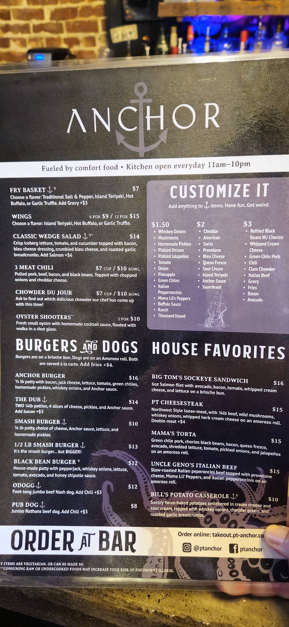 Menu at Anchor pub & bar, Port Townsend