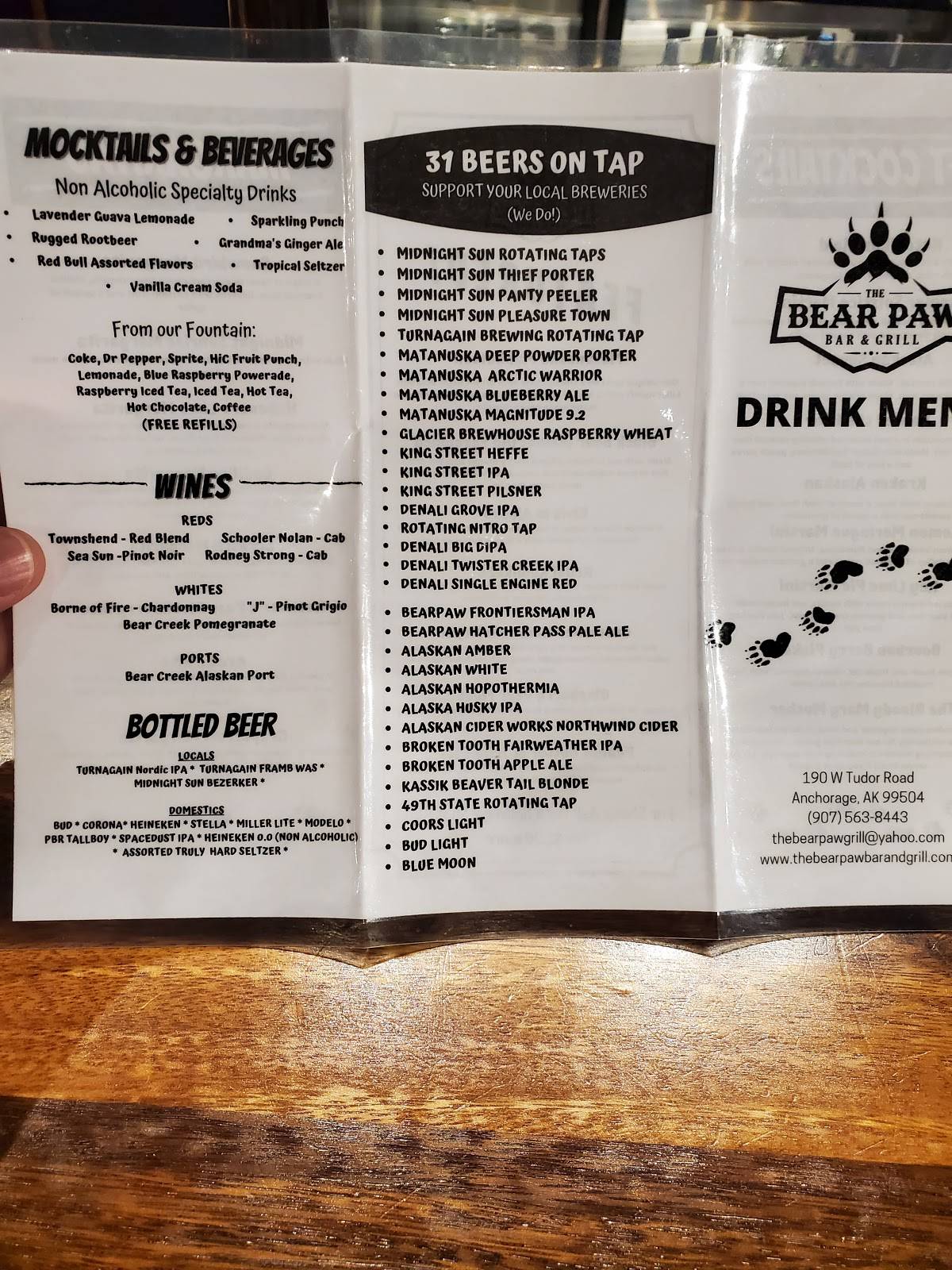 Menu at Bear Paw Bar & Grill, Anchorage