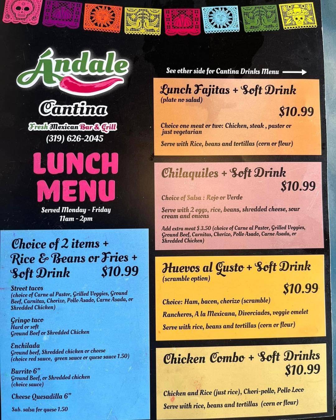 Menu at Andale Cantina Bar & Grill, North Liberty