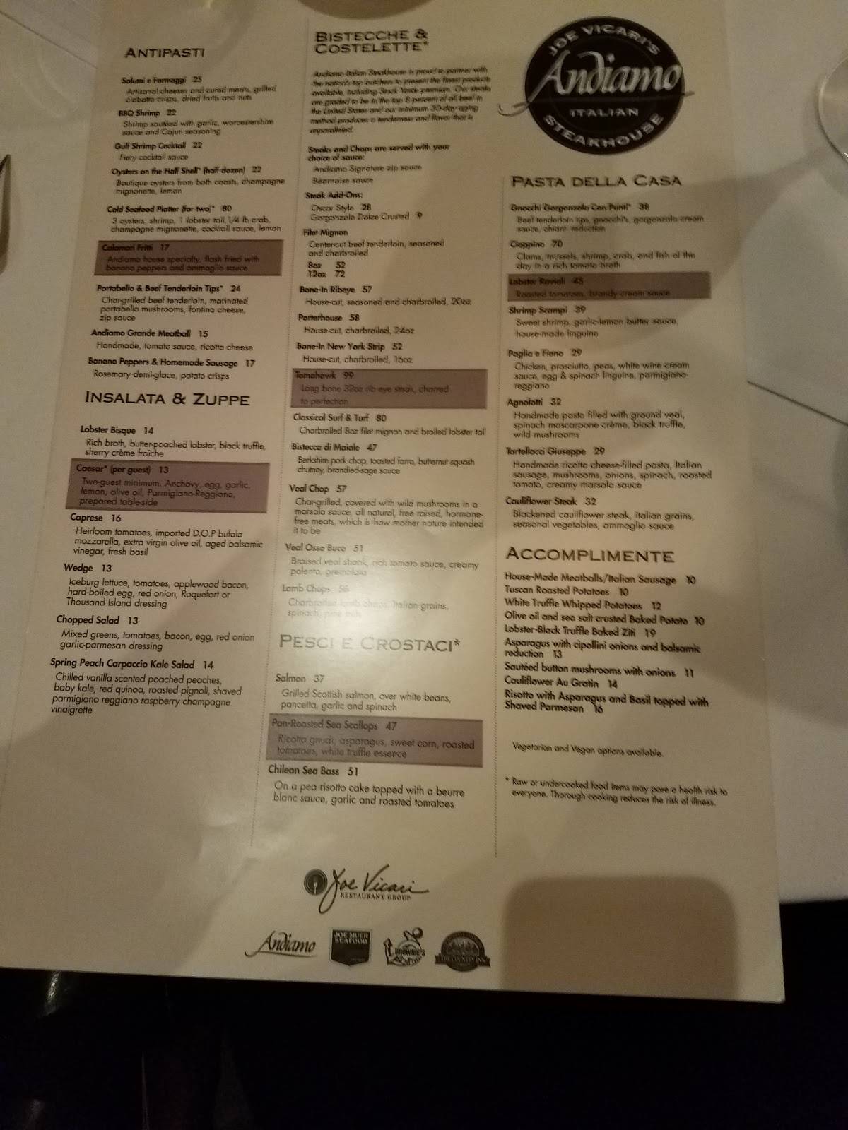 Menu at Andiamo Steakhouse, Las Vegas