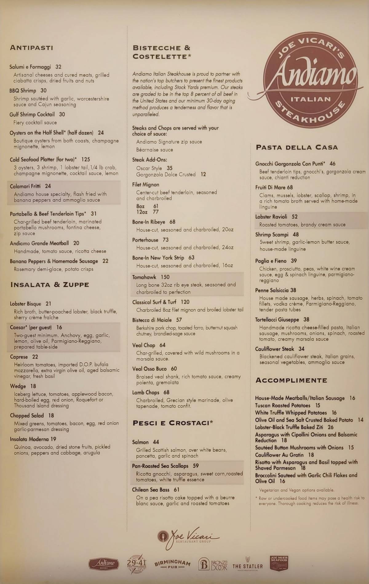 Menu at Andiamo Steakhouse, Las Vegas