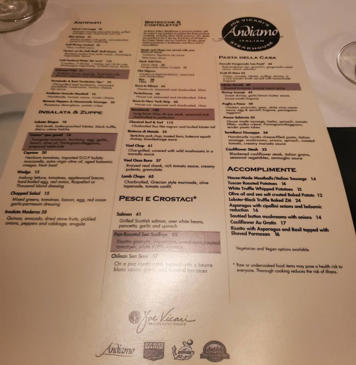 Menu at Andiamo Steakhouse, Las Vegas
