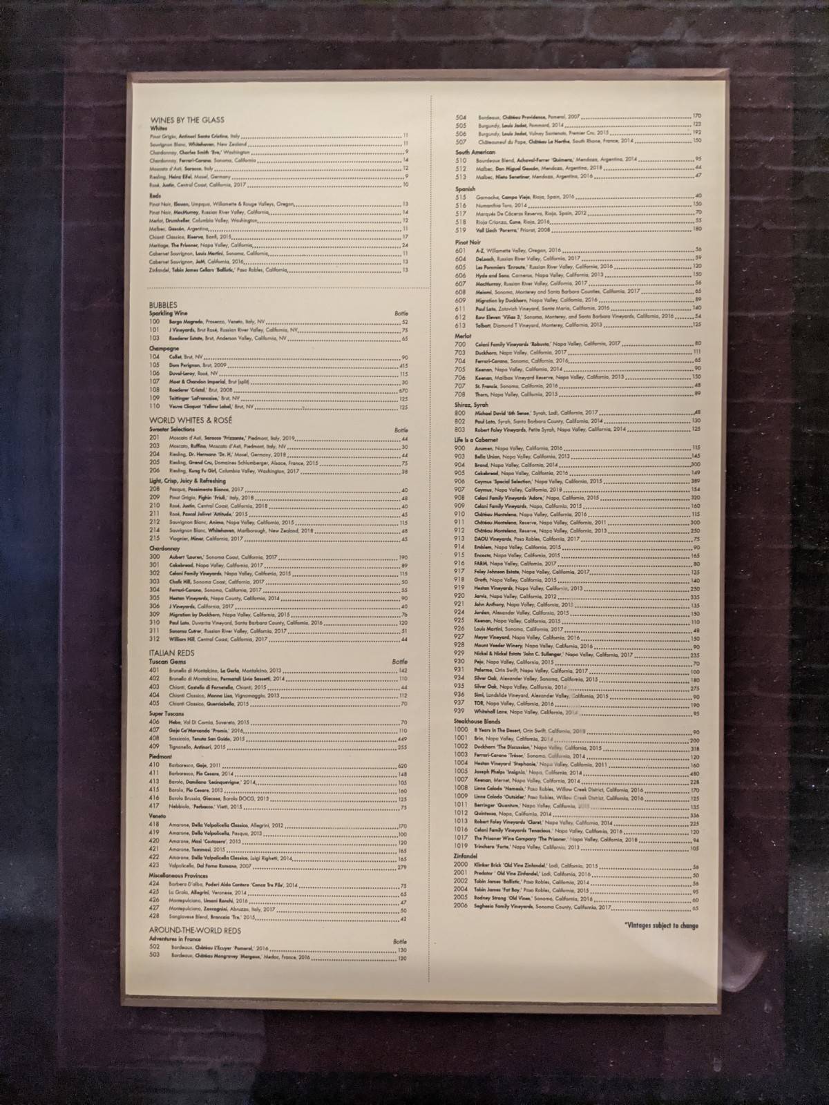 Menu at Andiamo Steakhouse, Las Vegas