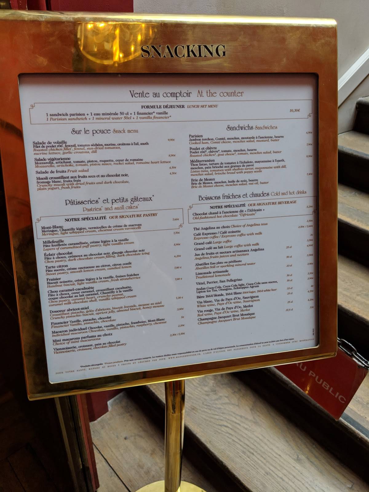 Menu at Angelina Paris restaurant, Versailles, Allée des 2