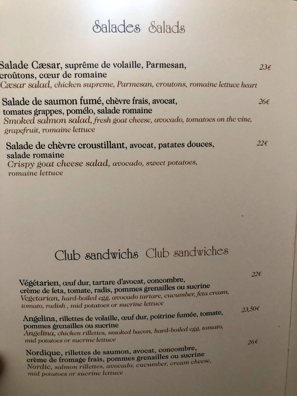 Menu at Angelina Paris restaurant, Versailles, Allée des 2