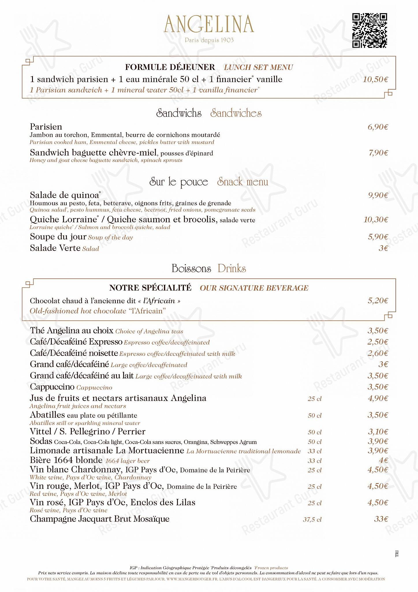 Carta del restaurante Angelina Paris, Versailles, Allée des 2