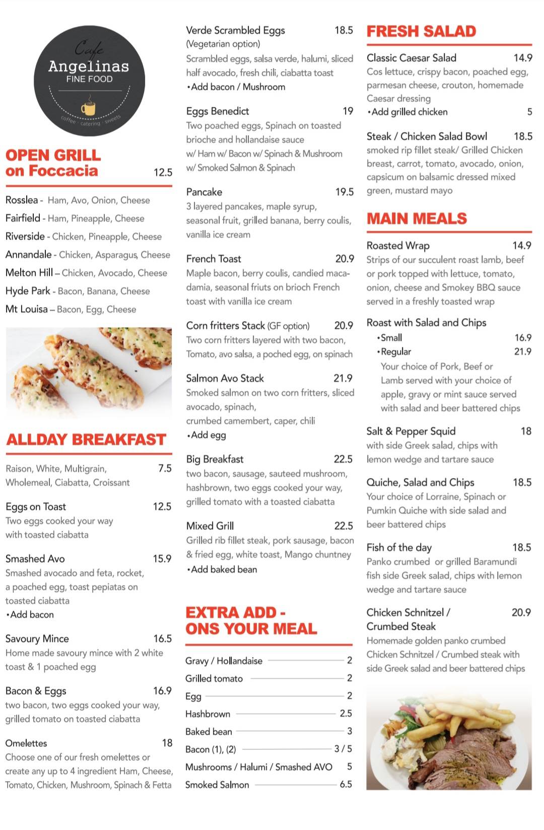 Menu at Angelina's Fine Food cafe, Annandale