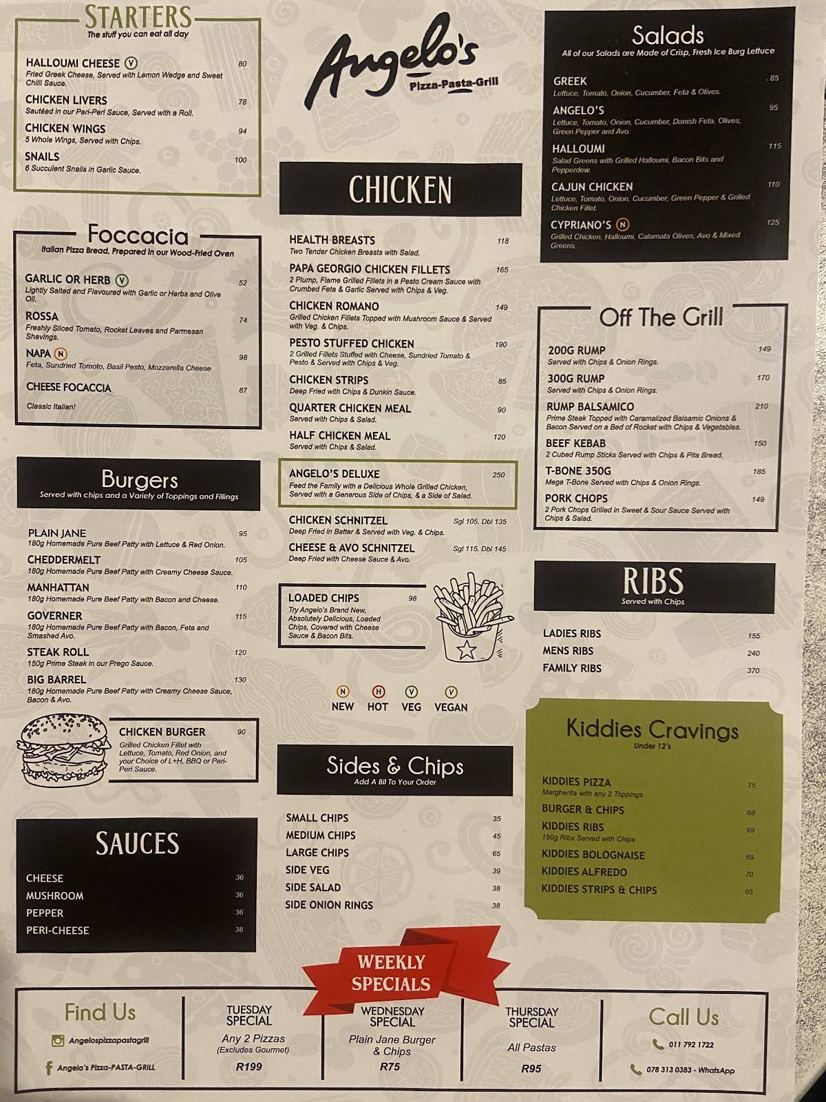 Menu at Angelo's Pizzeria, Randburg