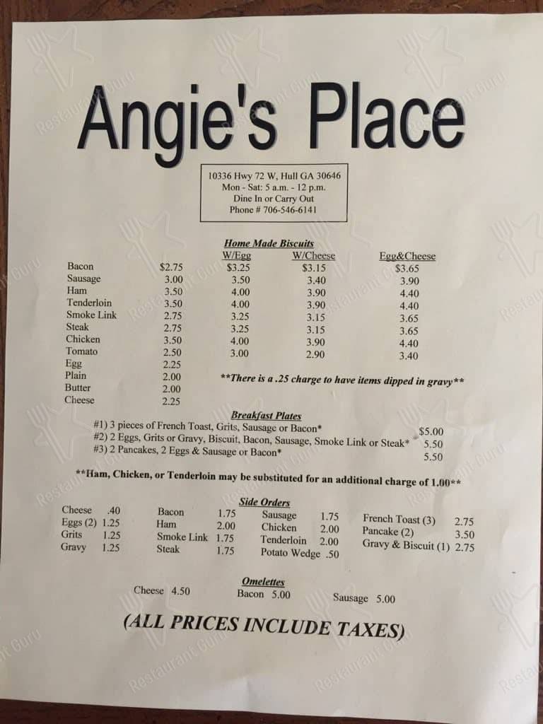 Menu at Angie's Place restaurant, Hull
