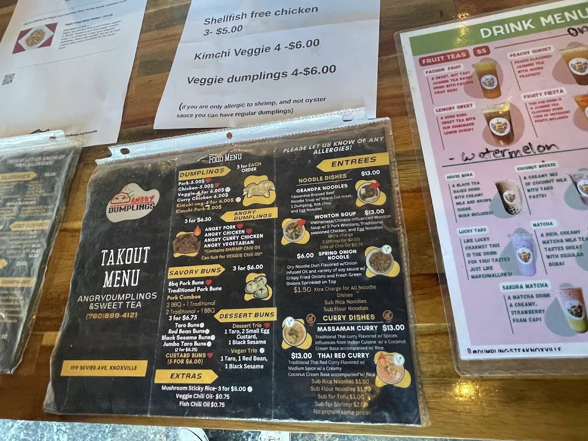 Menu at Angry Dumplings Tea pub & bar, Knoxville