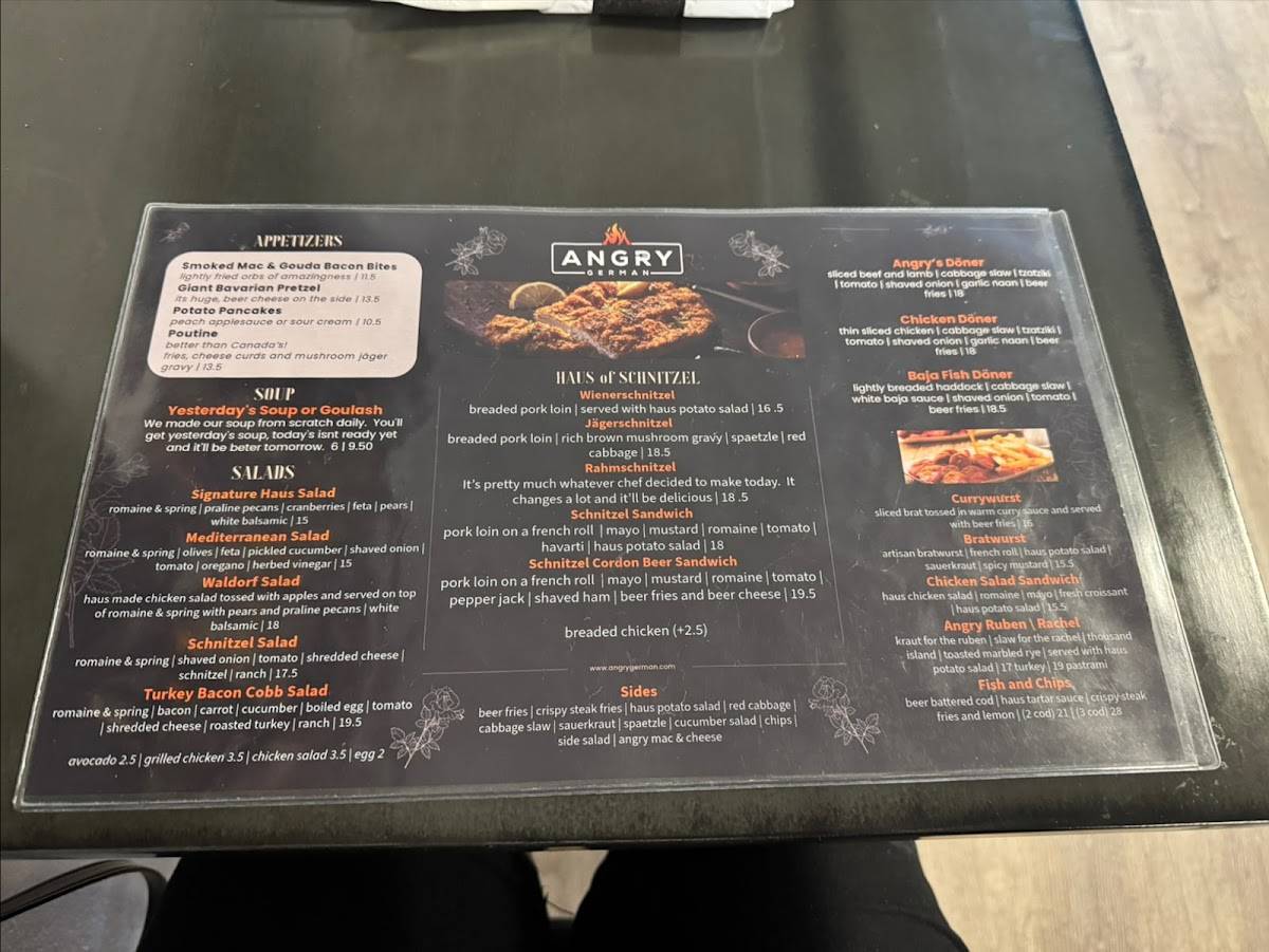 Menu at Angry German restaurant, Sierra Vista