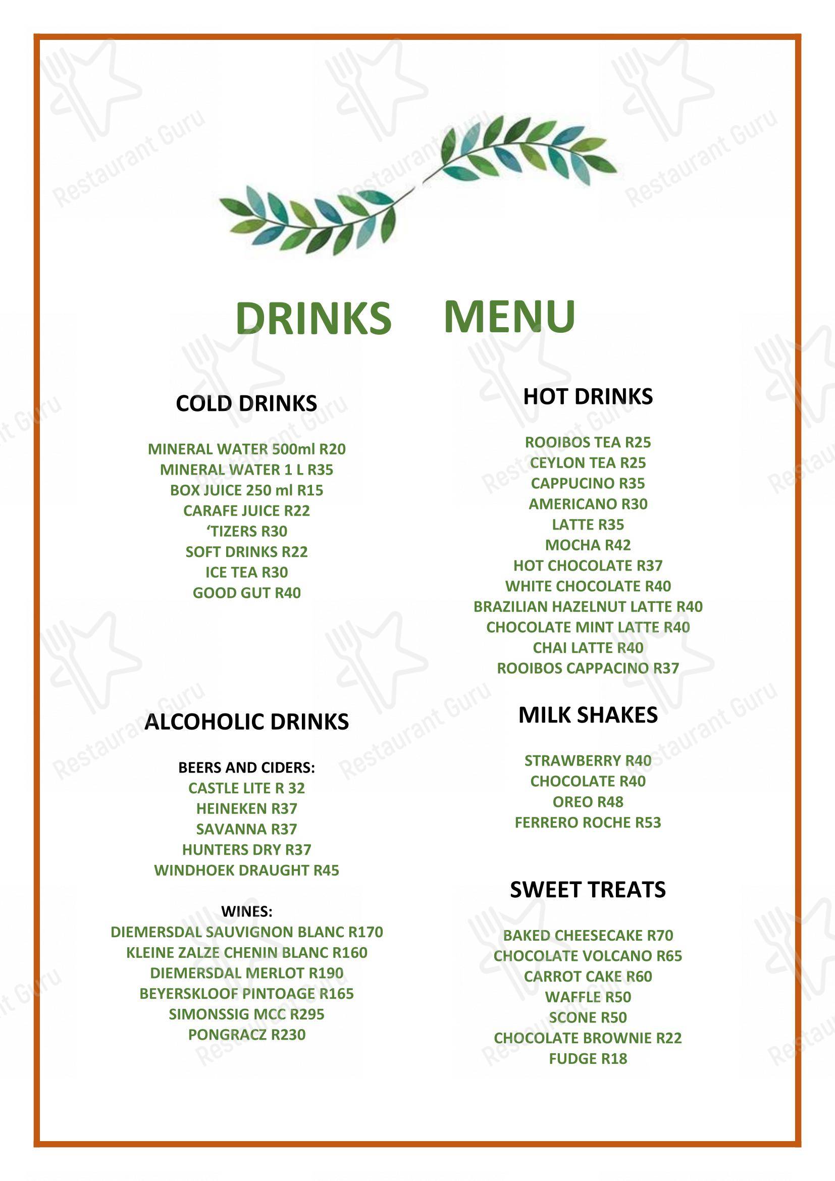 Menu au Anna Beulah Farm, Le Cap