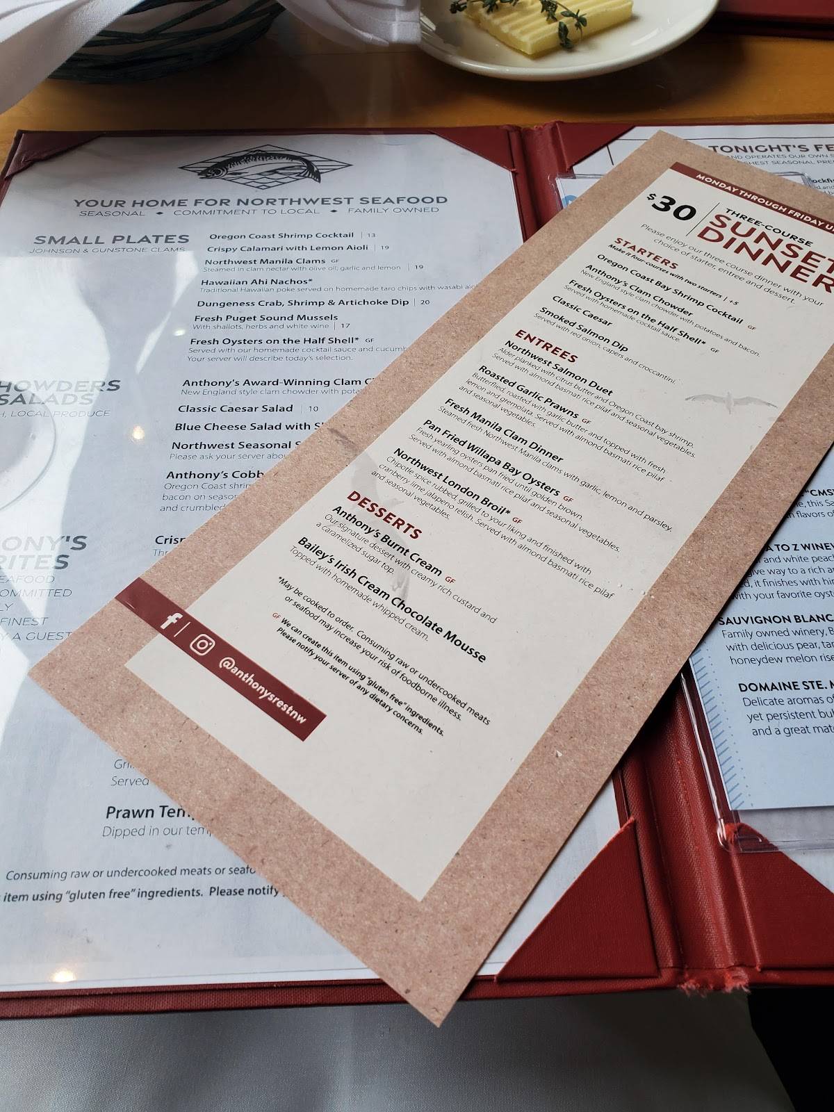 Menu at Anthony's at Sinclair Inlet restaurant, Bremerton, 20 ...
