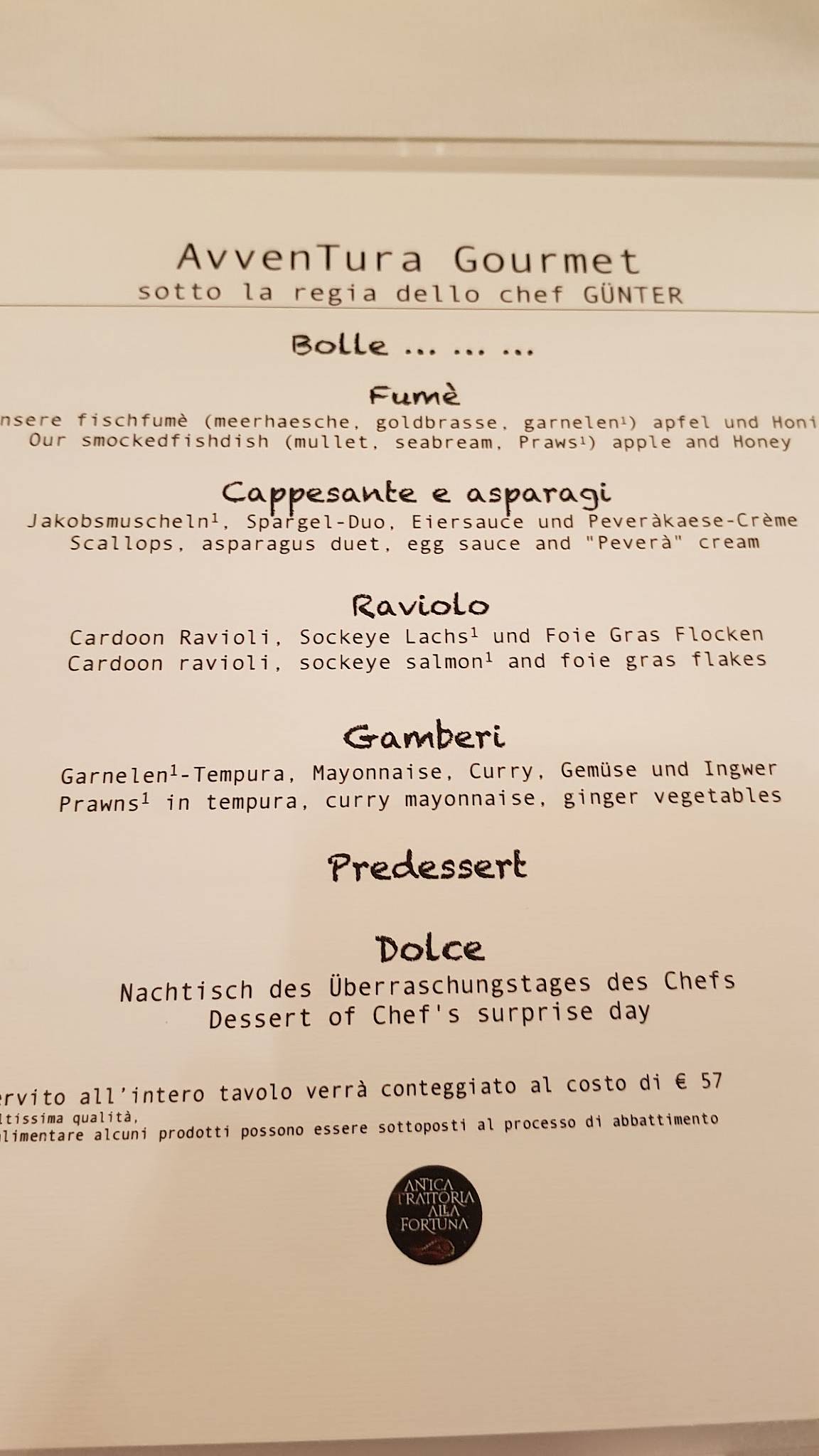 Menu au Antica Trattoria Alla Fortuna restaurant, Grado, Via Marina