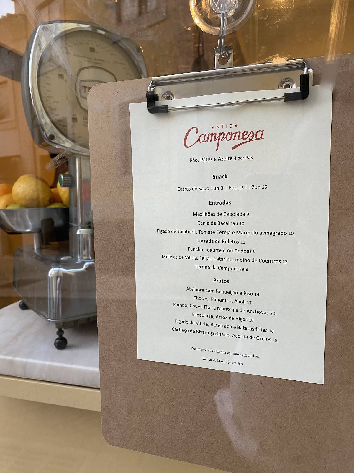 Menu at Antiga Camponesa restaurant, Lisbon