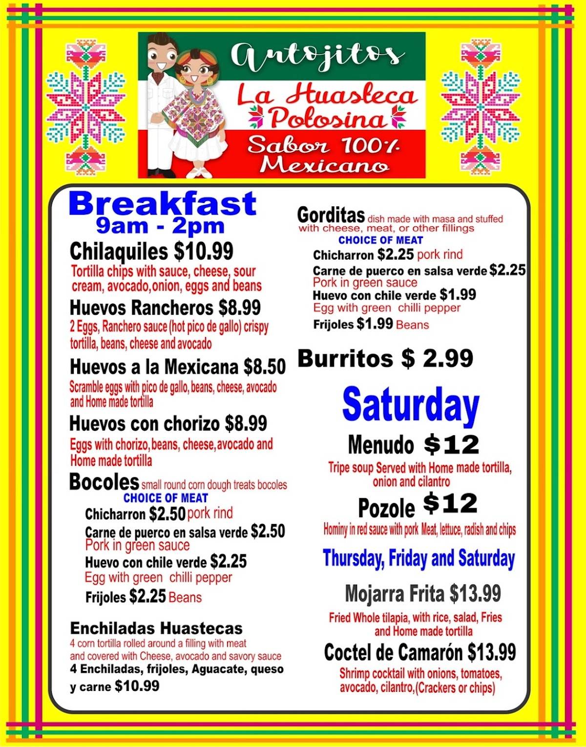Menu at Antojitos La Huasteca Potosina restaurant, Beaumont