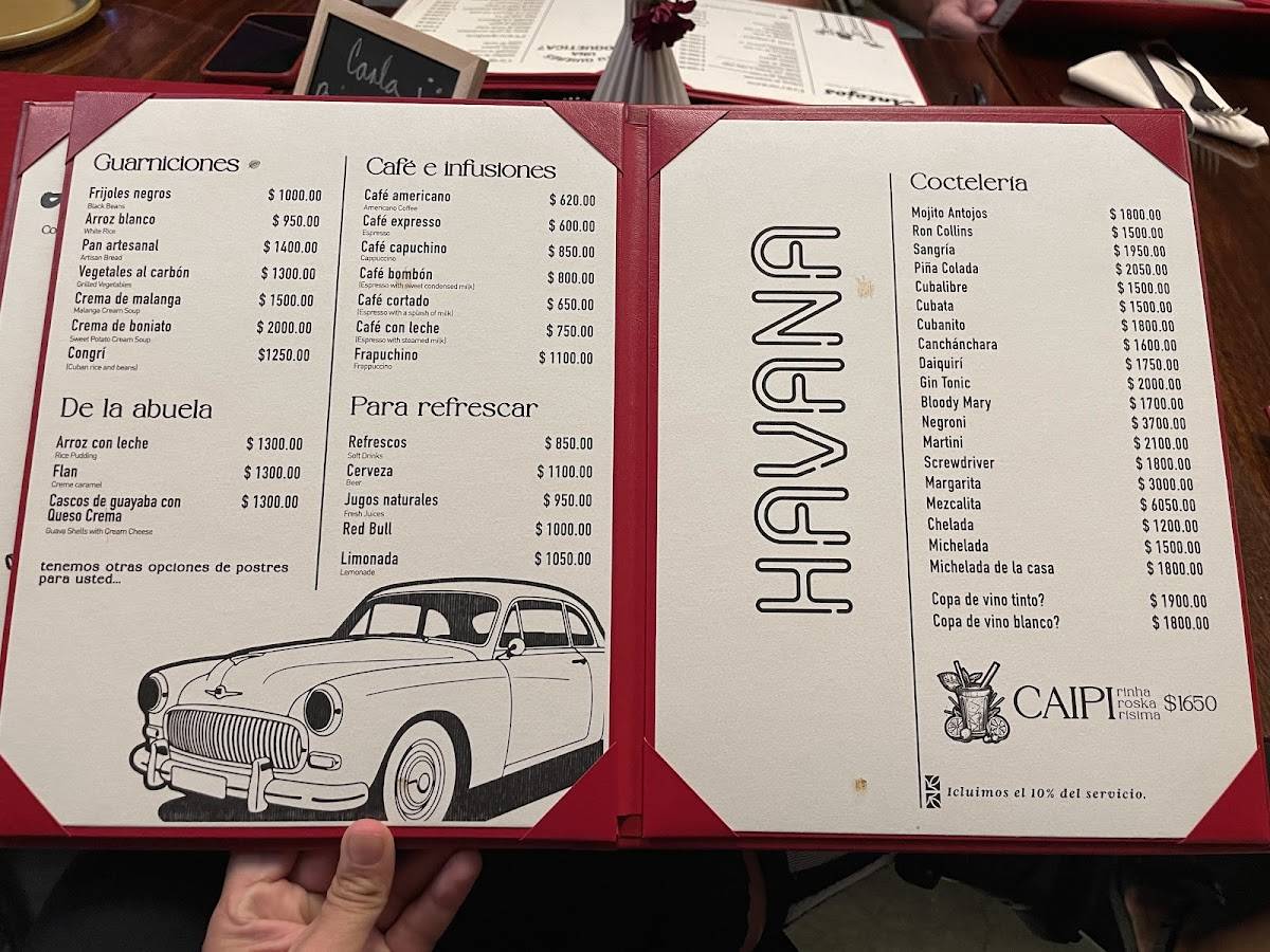 Menu at Antojos restaurant, Havana