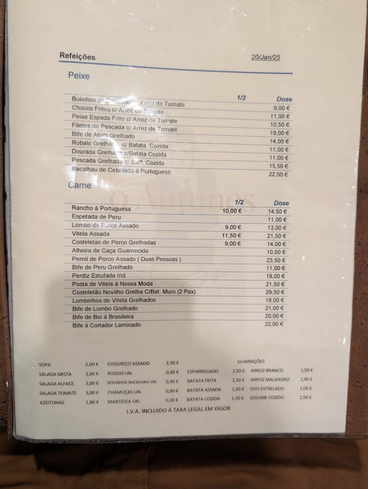 Menu at Antunes restaurant, Porto
