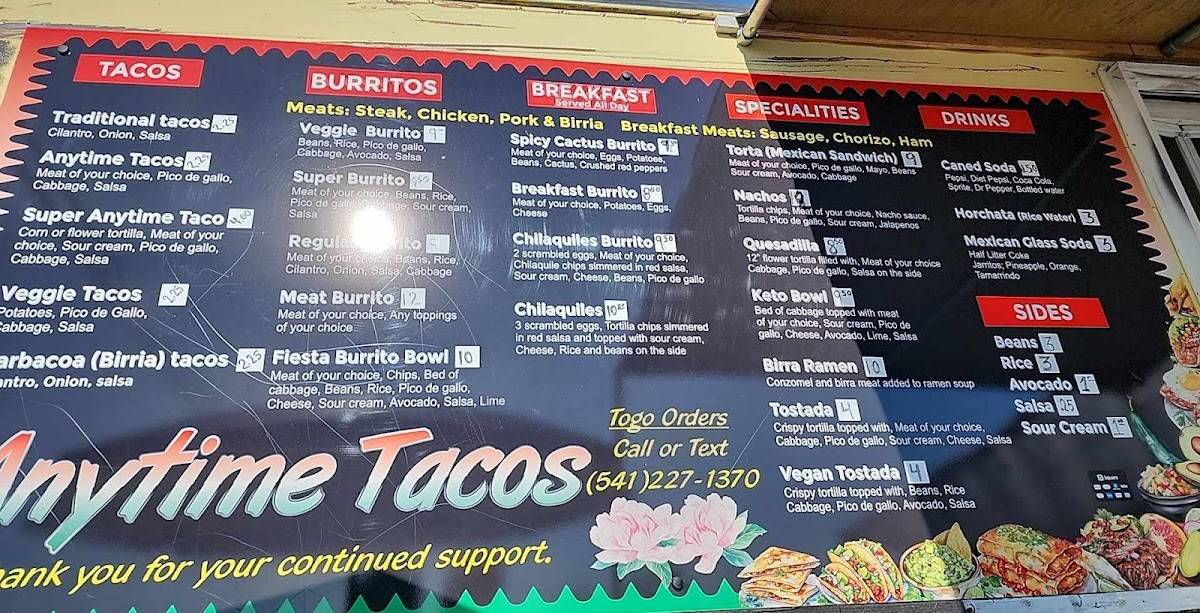 Menu at Anytime Tacos restaurant, White City