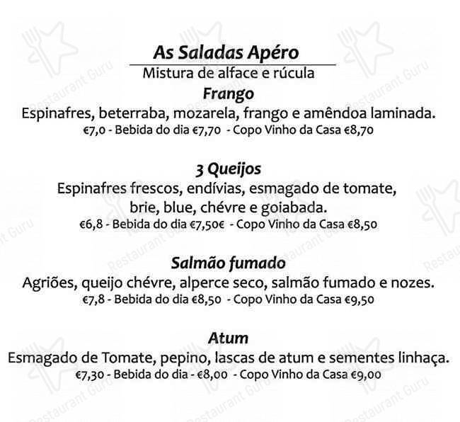 Menu at Apéro pub & bar, Lisbon