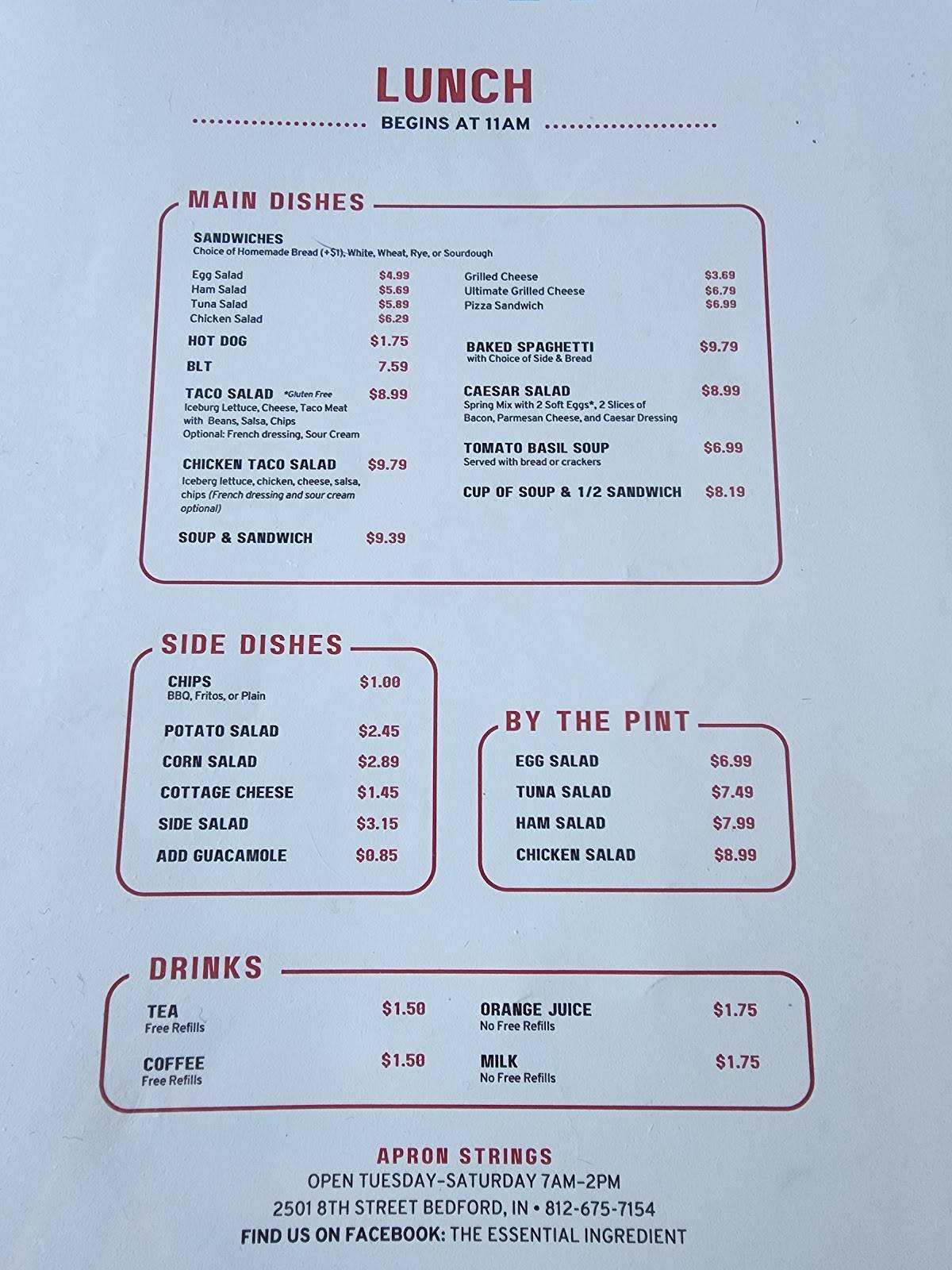 Menu at Apron Strings Diner cafe, Bedford