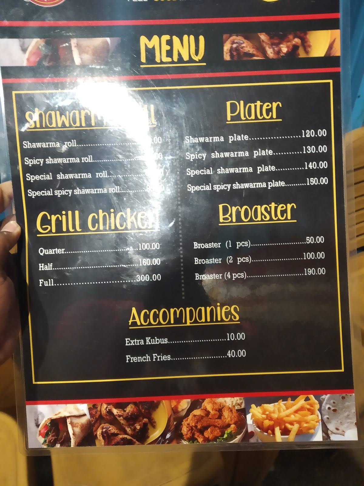 Menu at Arabian Corner (Shawarma Shop), Chennai