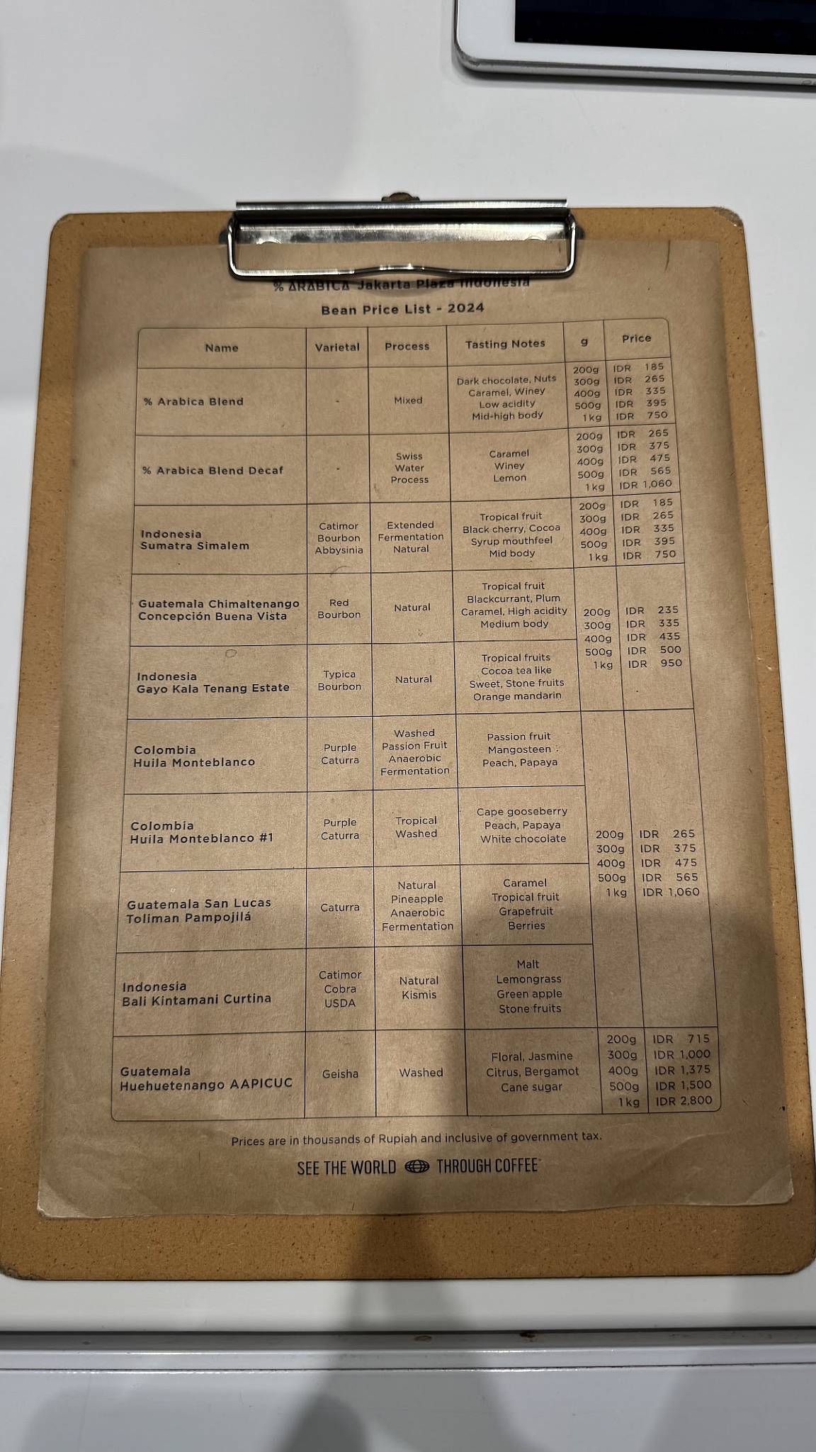 Menu at % Arabica Jakarta Plaza Indonesia restaurant, Jakarta
