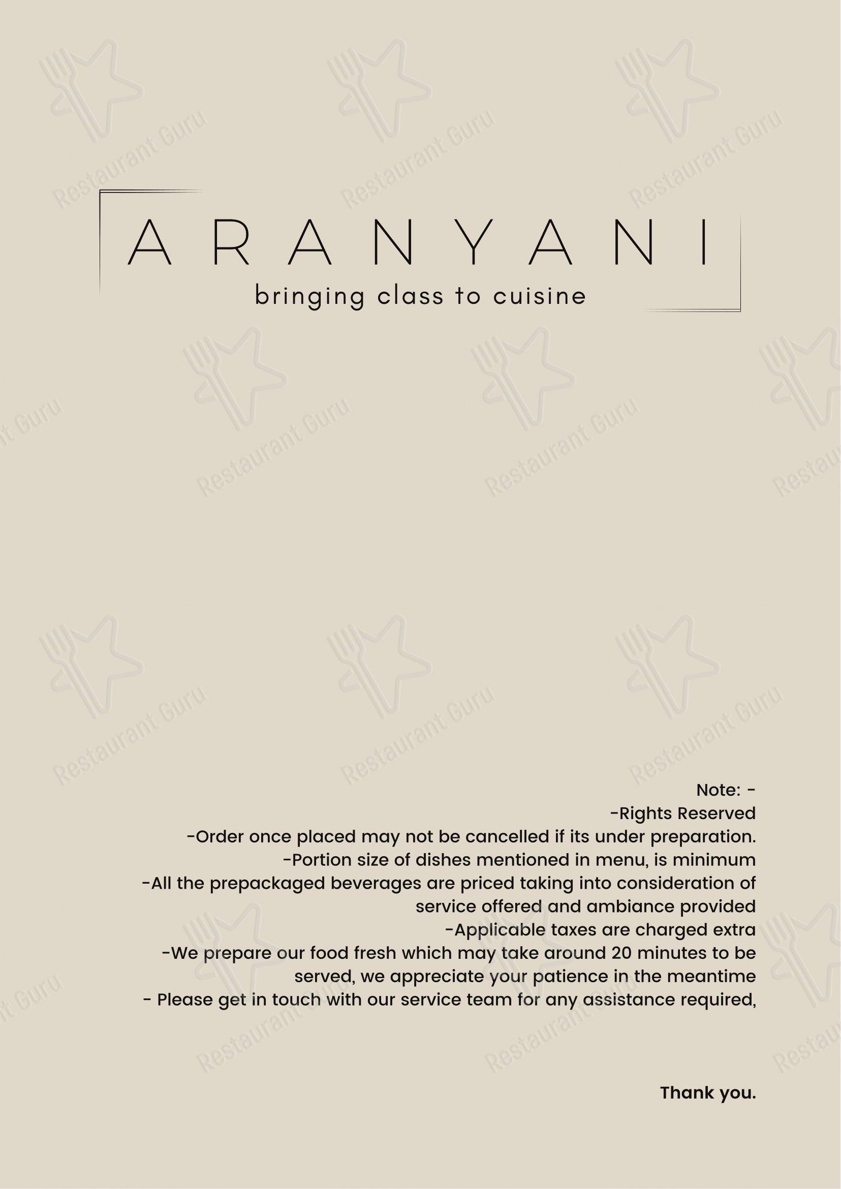 Menu at Aranyani Restaurant, Ahmedabad
