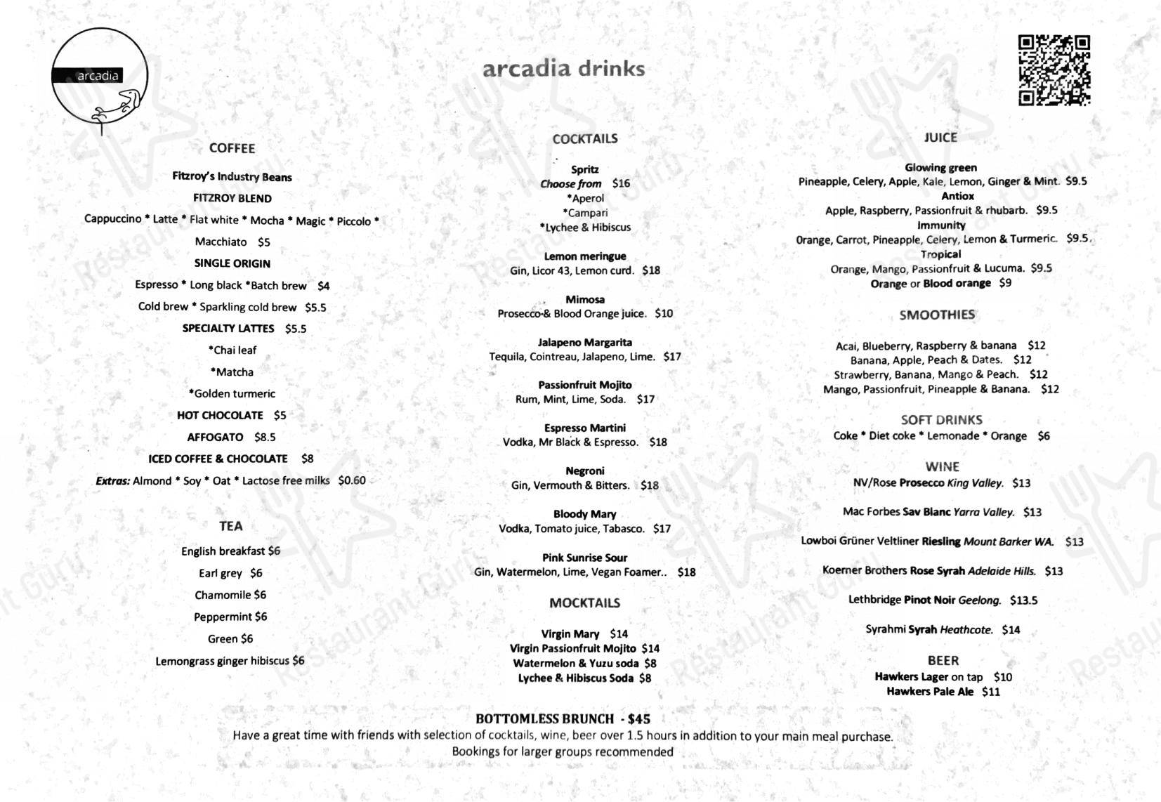 Menu at Arcadia Cafe And Bar, Fitzroy, 193 Gertrude St