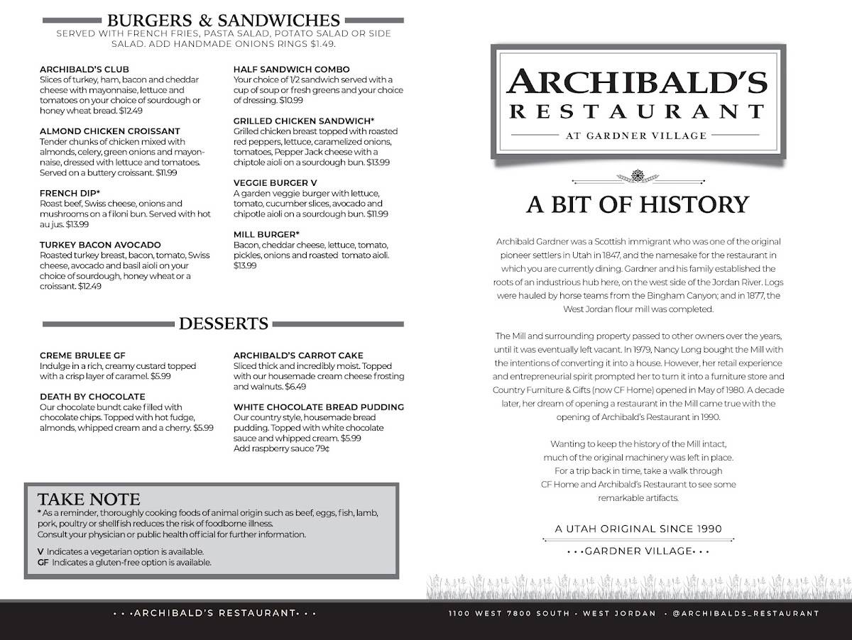 Menu at Archibald’s Restaurant at Gardner Village, West Jordan