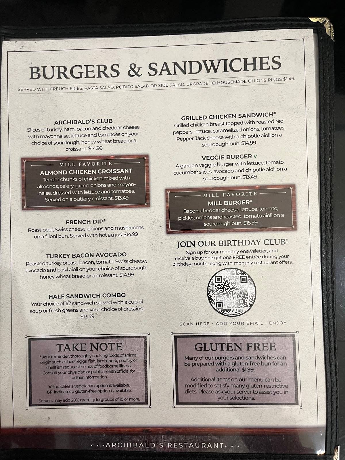 Menu at Archibald's Restaurant at Gardner Village, West Jordan