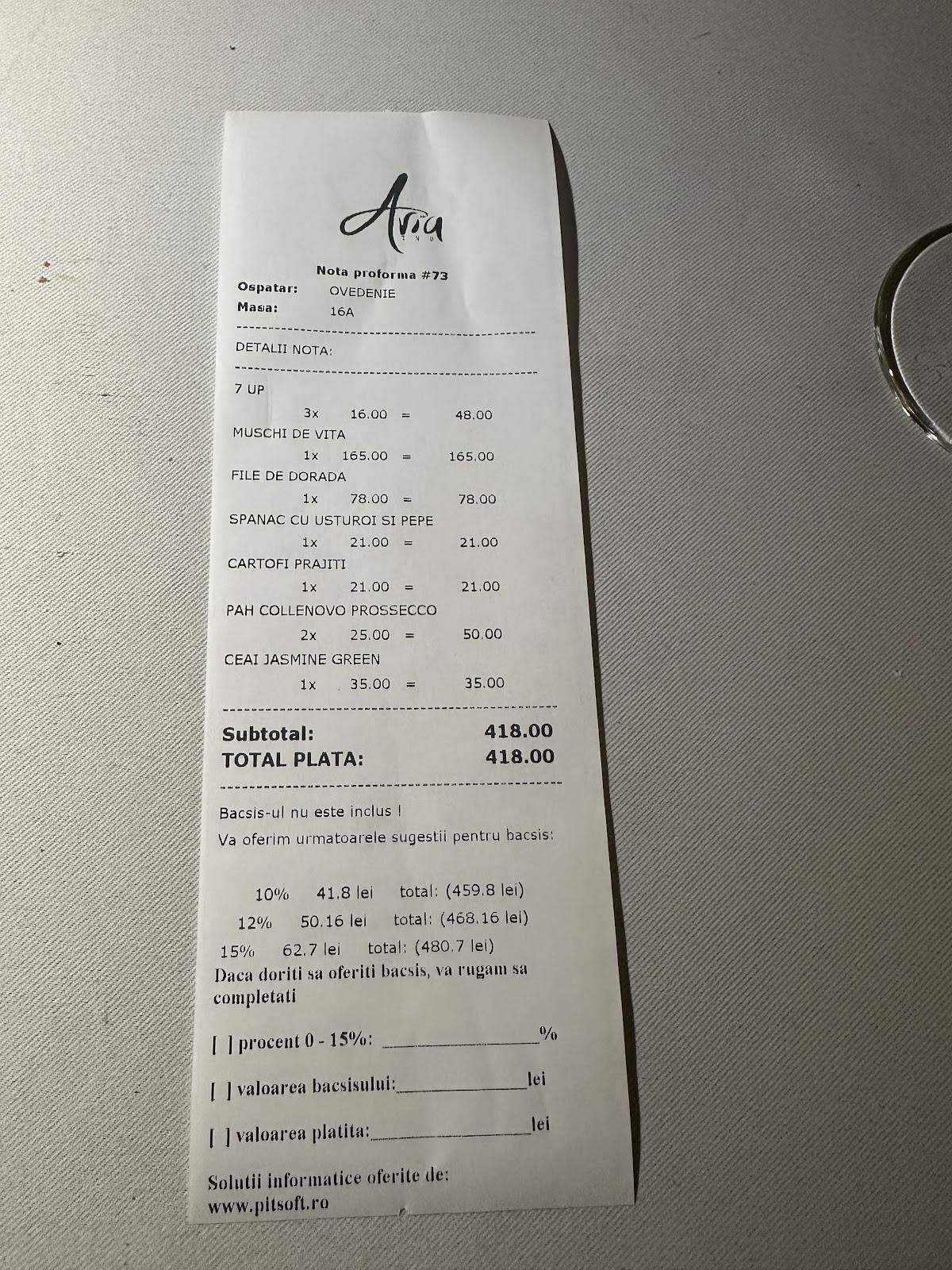Menu at Aria TNB, Bucharest, Bulevardul Nicolae Bălcescu 2
