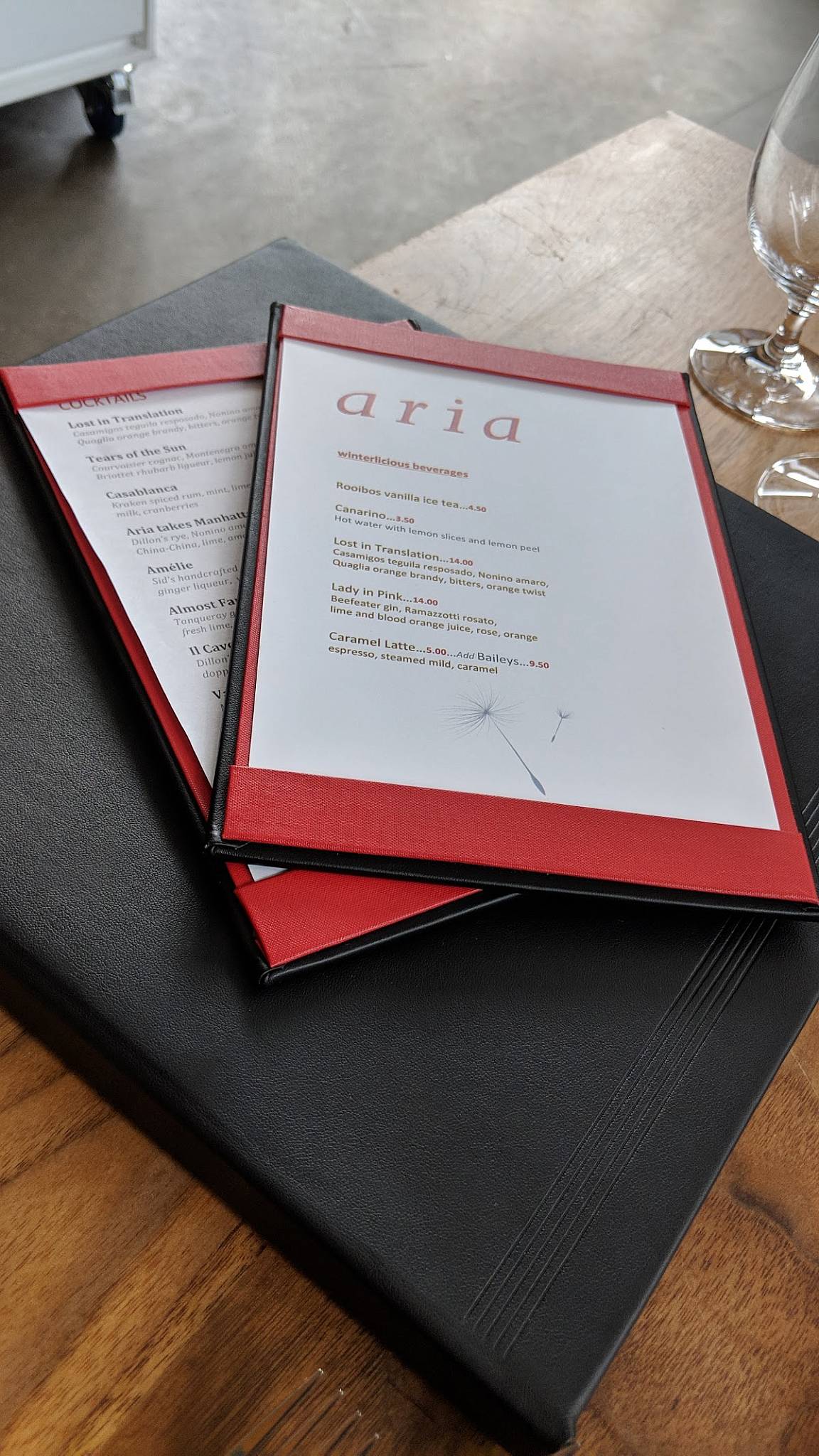 Menu at Aria restaurant, Toronto, 25 York St