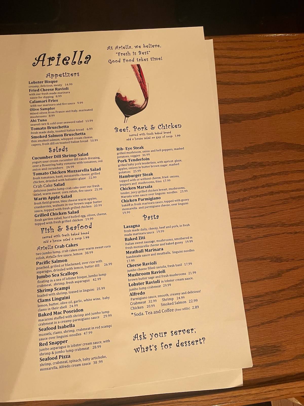 Menu at Ariella Restaurant Bistro & Bar, Russellville