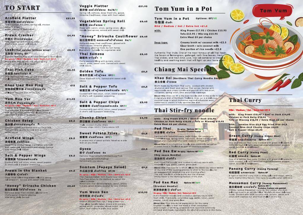 Menu at Arnfield Fly Fishery Cafe & Thai Restaurant, Glossop