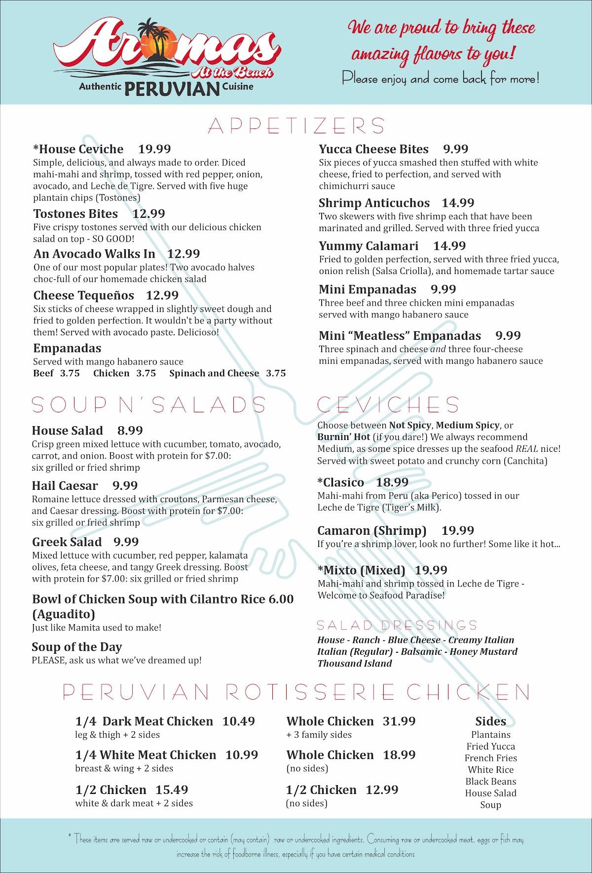 Menu at Aromas At the Beach restaurant, Sunset Beach