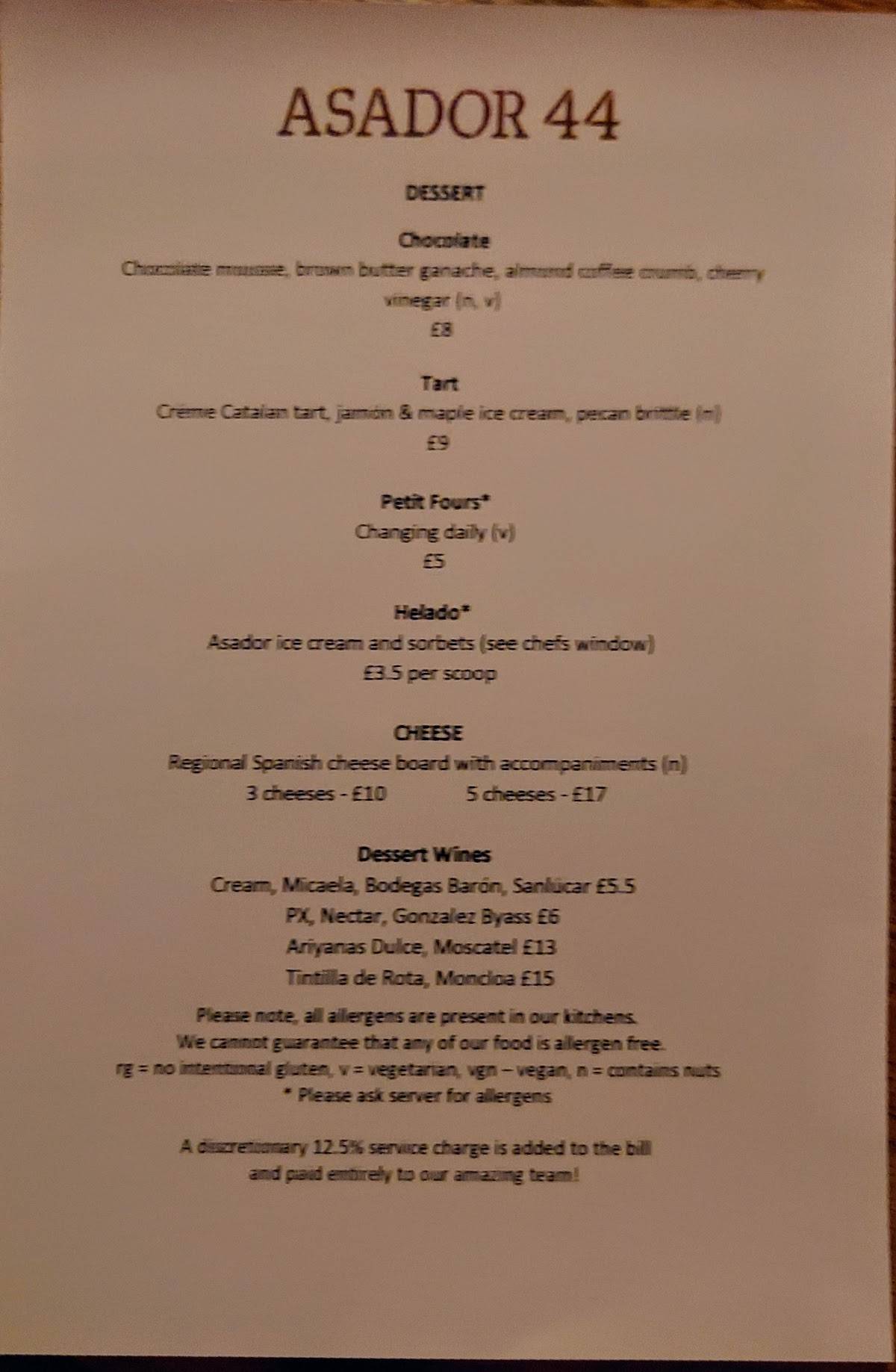 Menu at Asador 44 Spanish Grill & Wine House restaurant, Cardiff