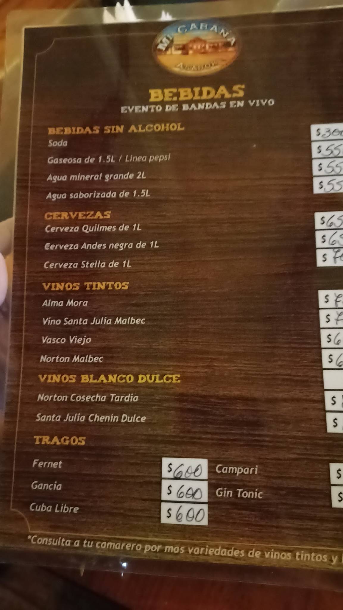 Carta del restaurante Asador Mi Cabaña, Mar del Plata