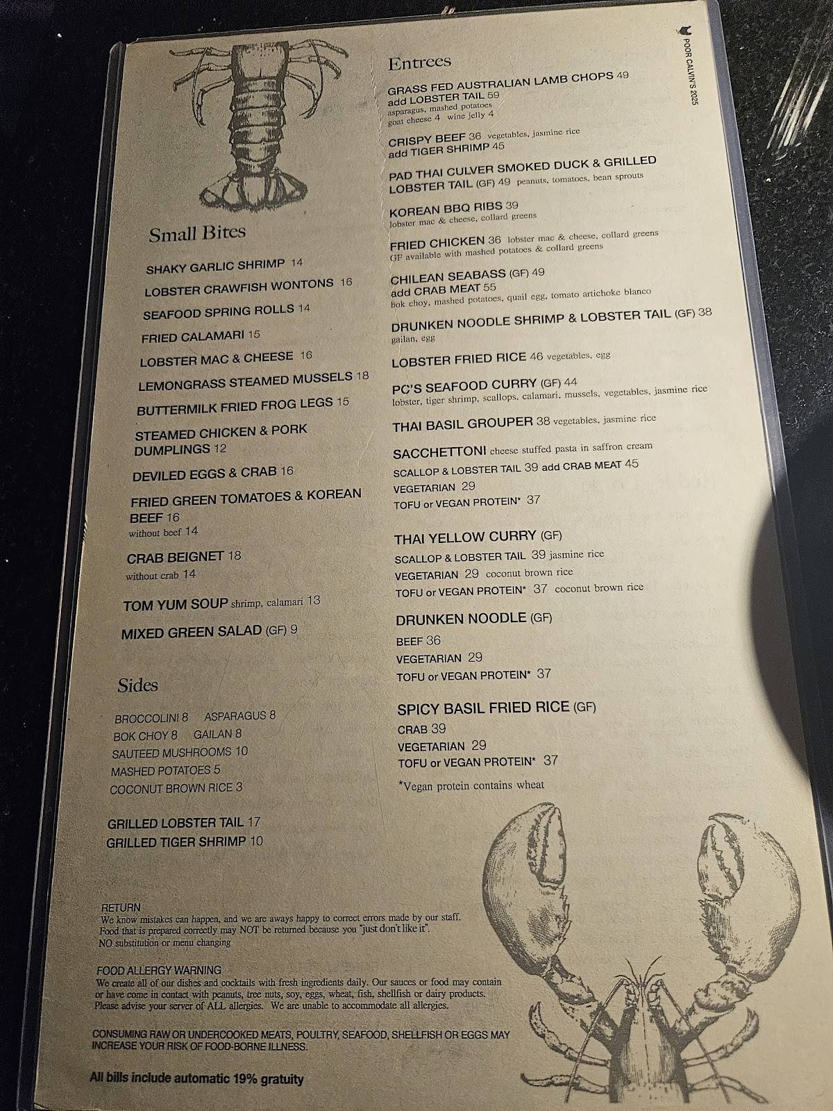 Menu at Poor Calvin's restaurant, Atlanta