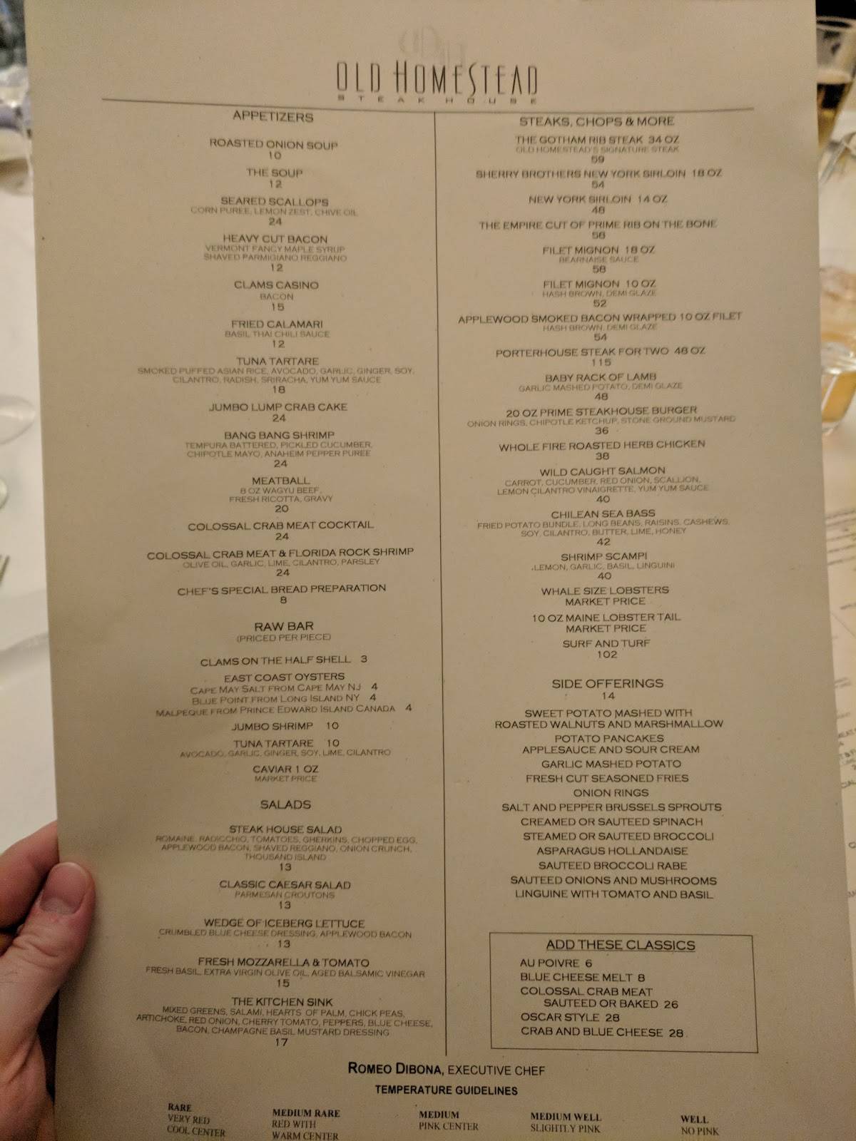 Menu at Old Homestead Steak House pub & bar, Atlantic City